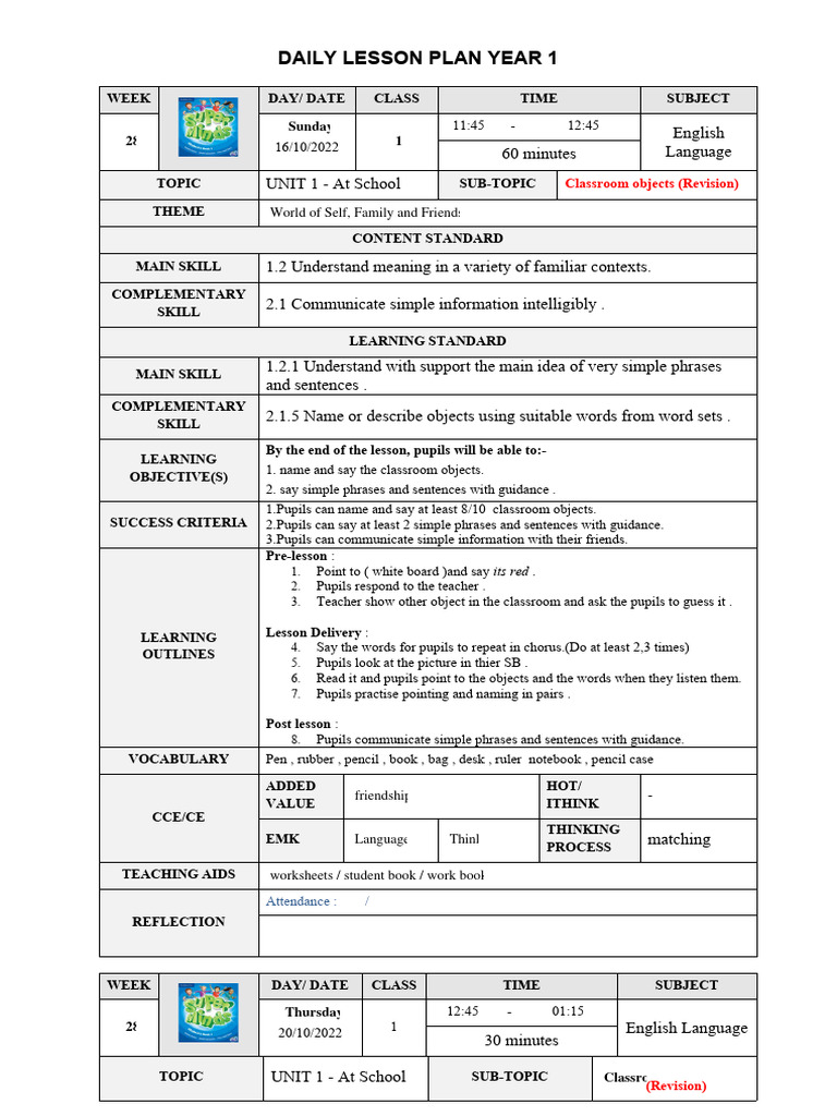 WEEK 5 - unit 1 AT SCHOOL | PDF | Lesson Plan | English Language
