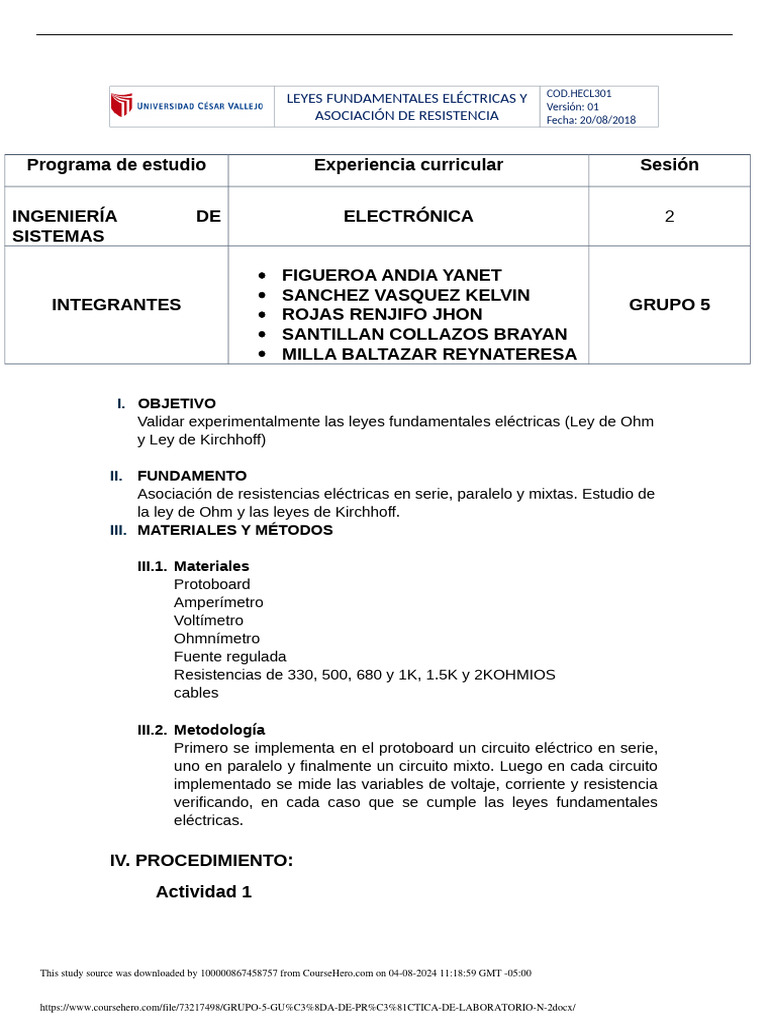 Grupo 5 Gu A de PR Ctica de Laboratorio N 2 | PDF | voltaje | Corriente eléctrica