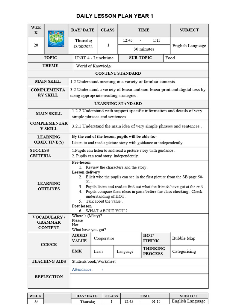 Year 1 English Lesson Plans: Lunchtime | PDF | Lesson Plan | Reading ...