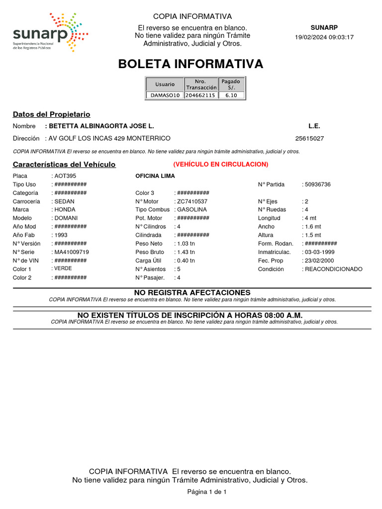 BoletaInformativa 1 | PDF | Vehículo de motor | Sedanes