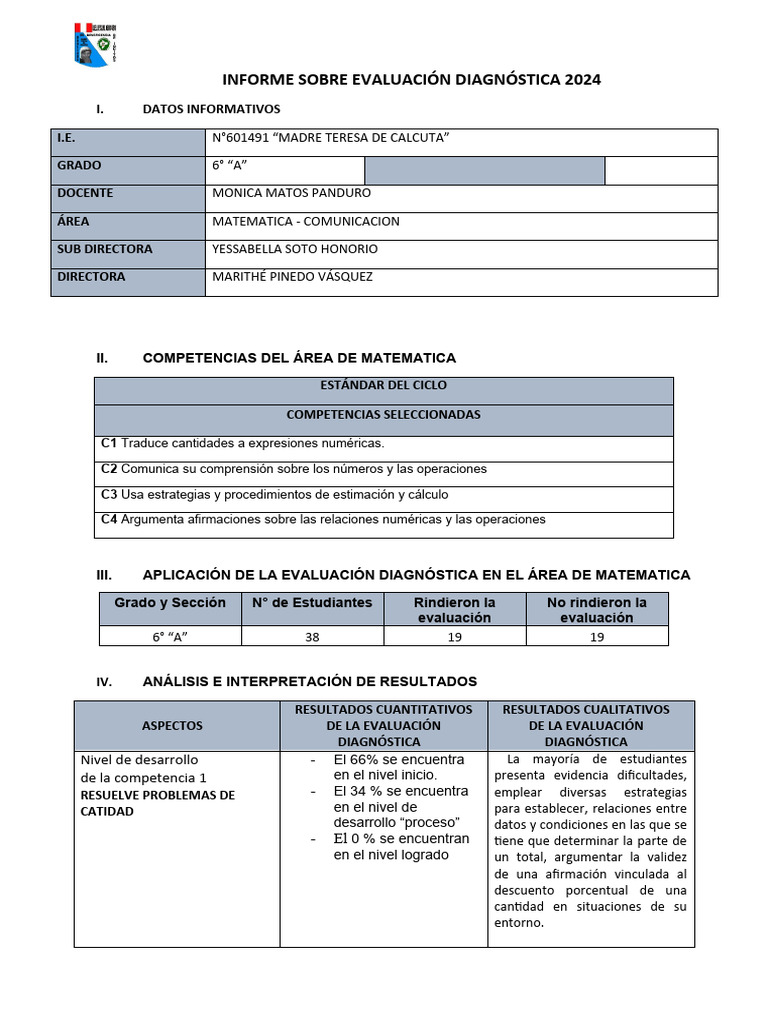Informe-Evaluacion-Diagnostica 2024 | PDF | Geometría | Evaluación