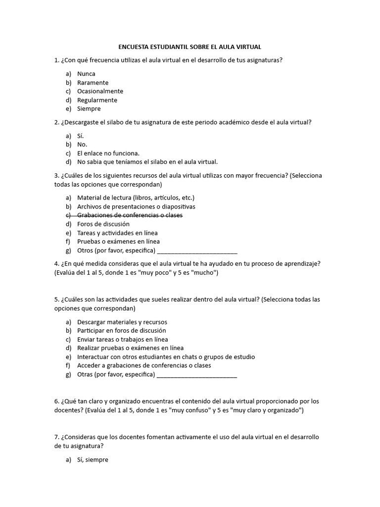 Encuesta Estudiantil Sobre El Aula Virtual | PDF | Salón de clases ...
