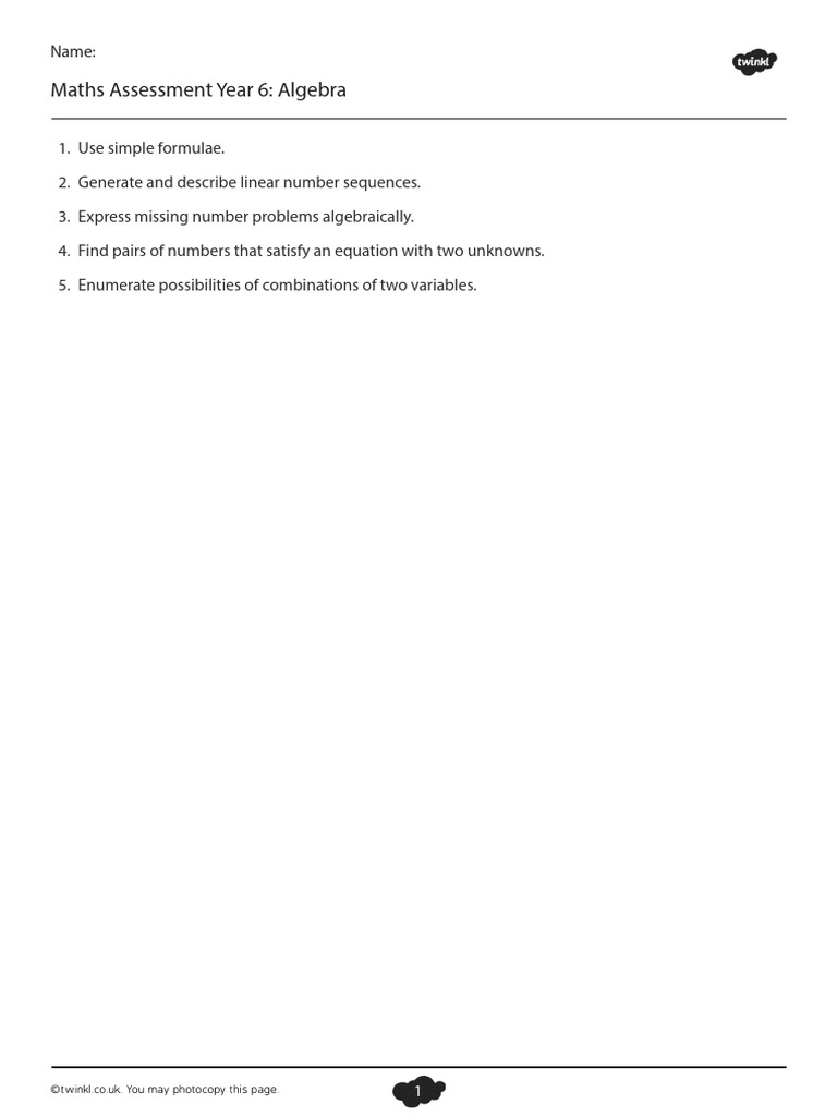Year 6 Algebra Maths Assessment | PDF | Algebra | Equations