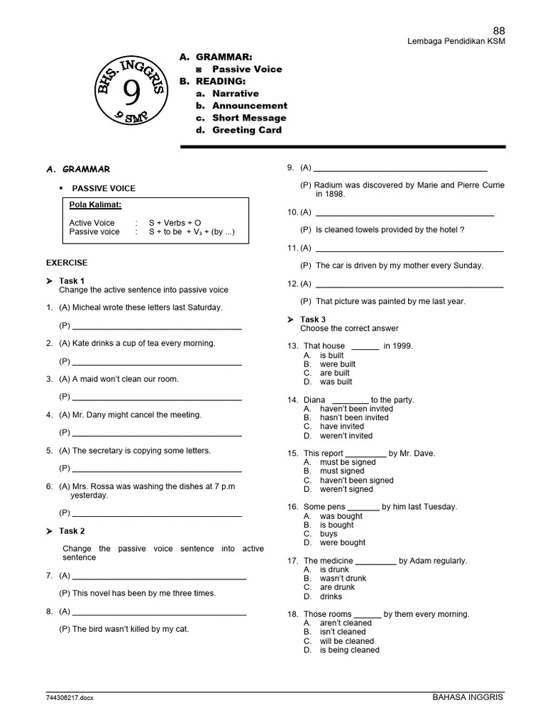 M-9 SMP-Bhs Inggris 9-Grammar, Reading | PDF