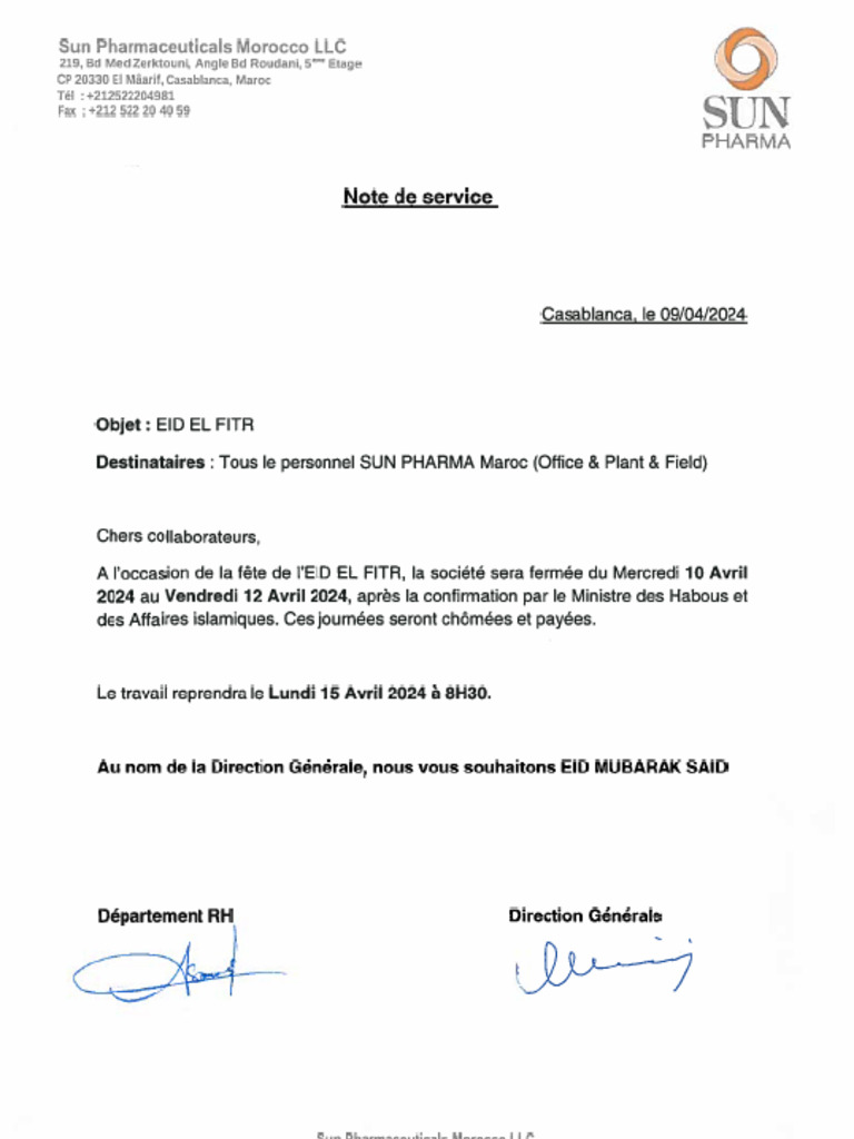 Note de Service Aid El Fitr | PDF