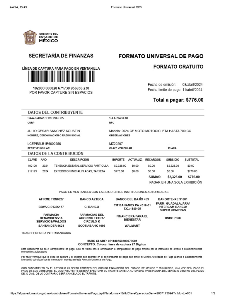 Formato de Pago Estado de Mexico | PDF | Bancos | Economias