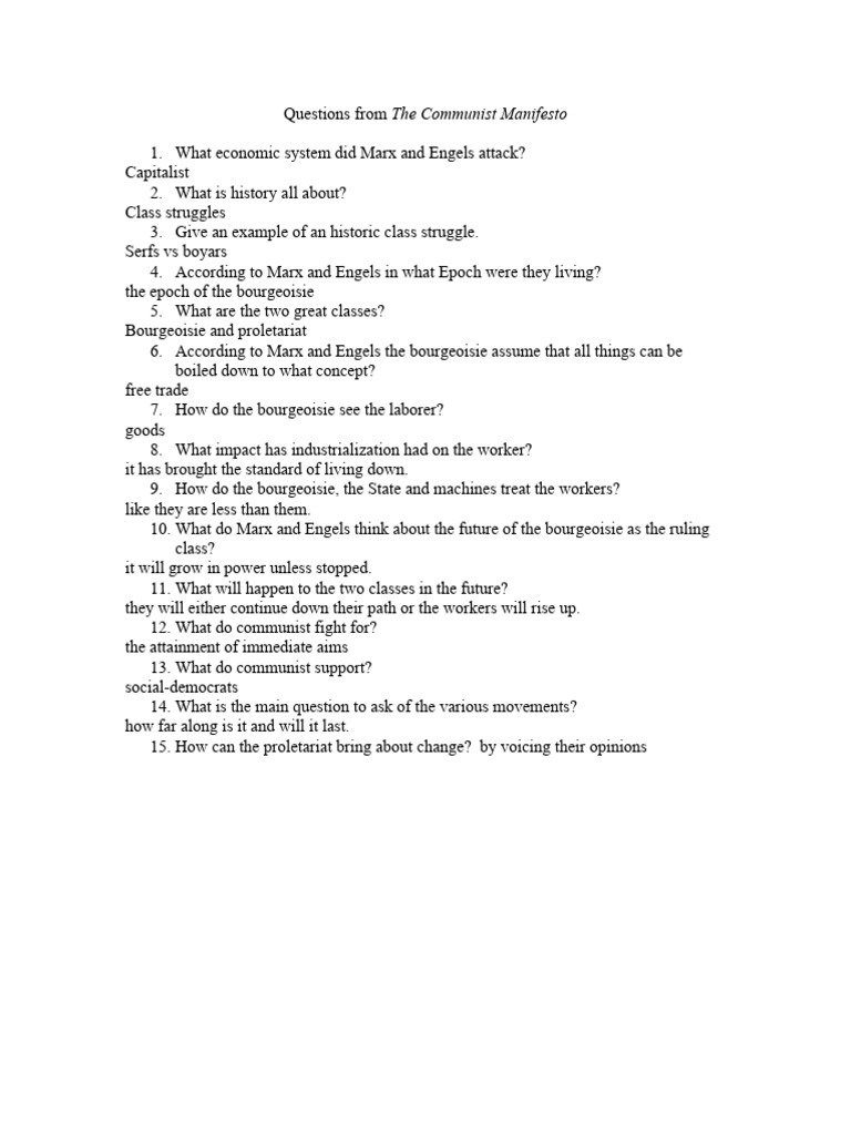 Key Questions on The Communist Manifesto | PDF | History