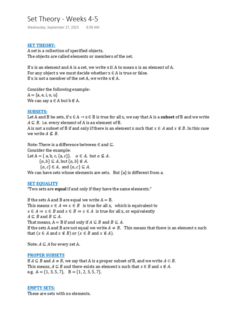 MATH1152 - Set Theory Notes | PDF | Set (Mathematics) | Empty Set