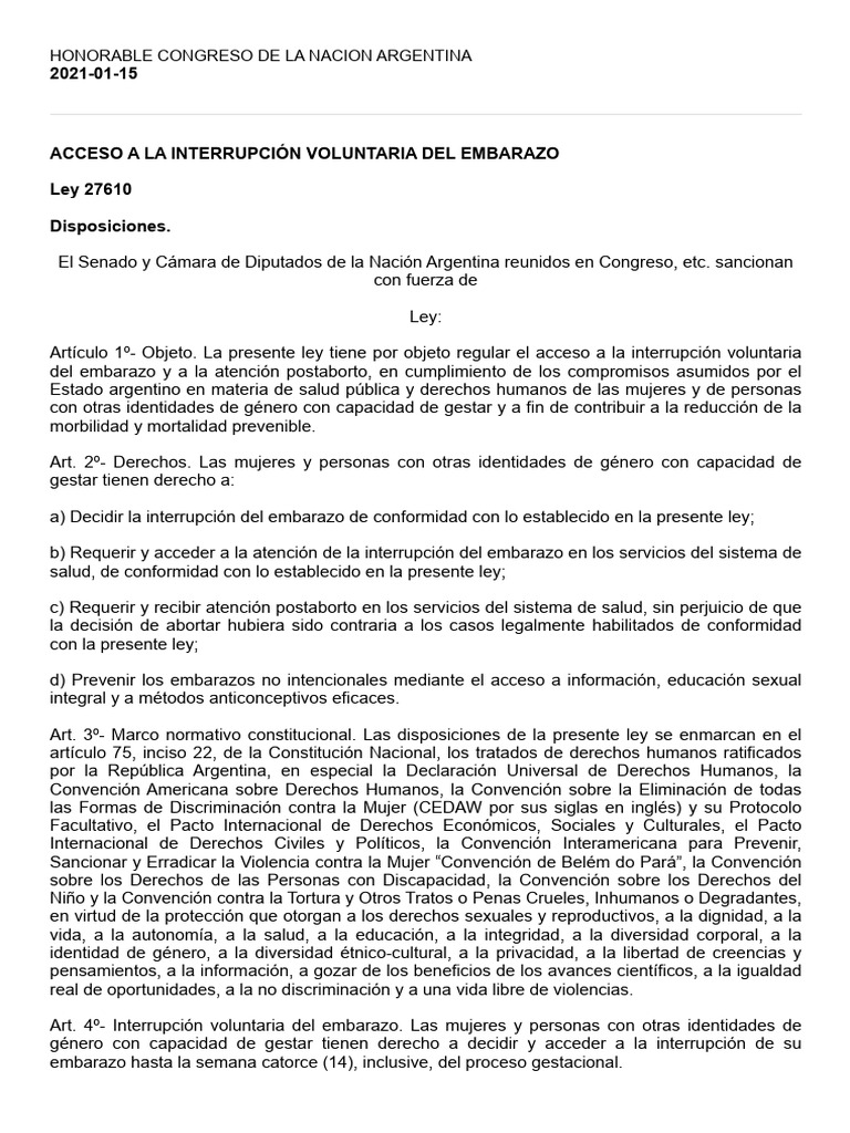 2020 Ley 27610 Acceso A La Interrupci n Voluntaria Del Embarazo