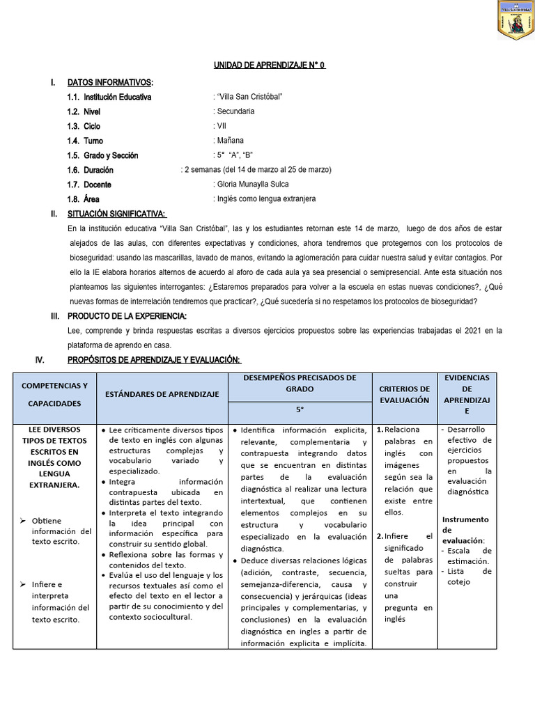 Ejemplo de Situación de Aprendizaje en Inglés | PDF | Aprendizaje ...