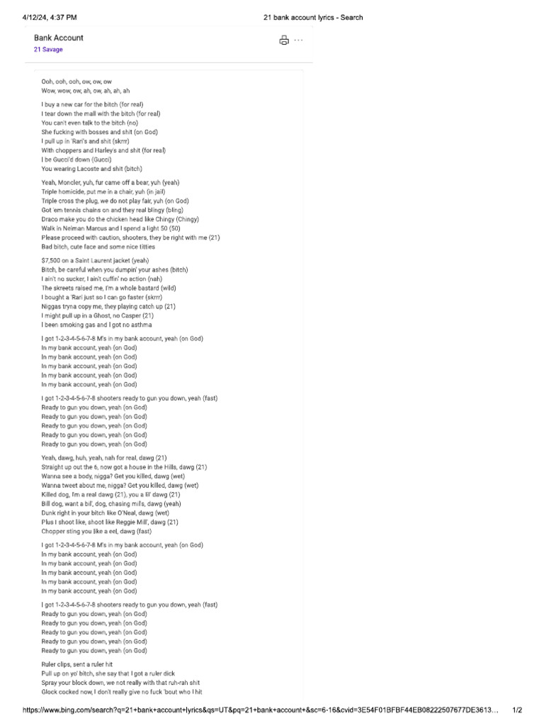 Bank Account - 21 Lyric | PDF