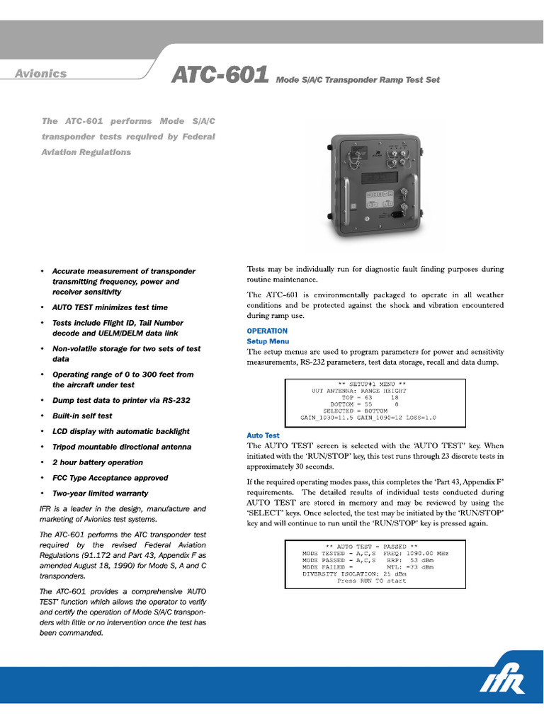 IFR Aeroflex ATC 601 Specification Sheet | PDF