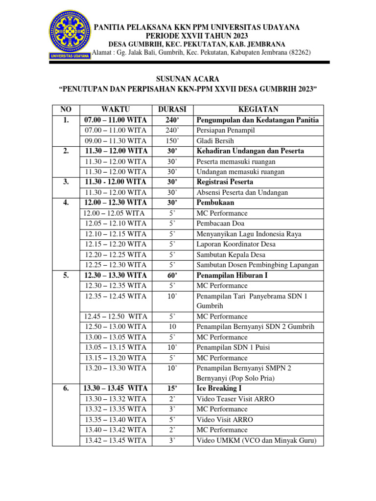 Rundown Penutupan KKN-PPM XXVII 2023 | PDF