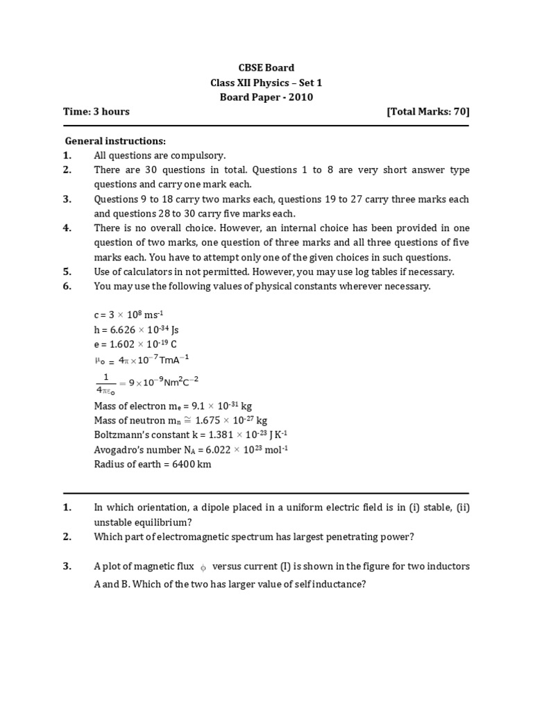 CBSE Board Class XII Physics - Set 1 Board Paper - 2010 Time: 3 Hours (Total Marks: 70) General ...