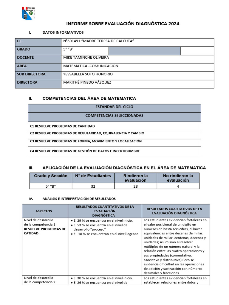 Informe-Evaluacion-Diagnostica 5° B-2024 | PDF | Ecuaciones | Evaluación