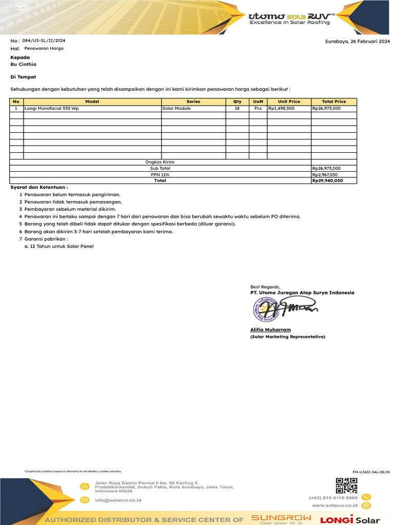 (Utomo SolaRUV) QUOTATION FEBRUARI 2024 - 084. Bu Cinthia | PDF