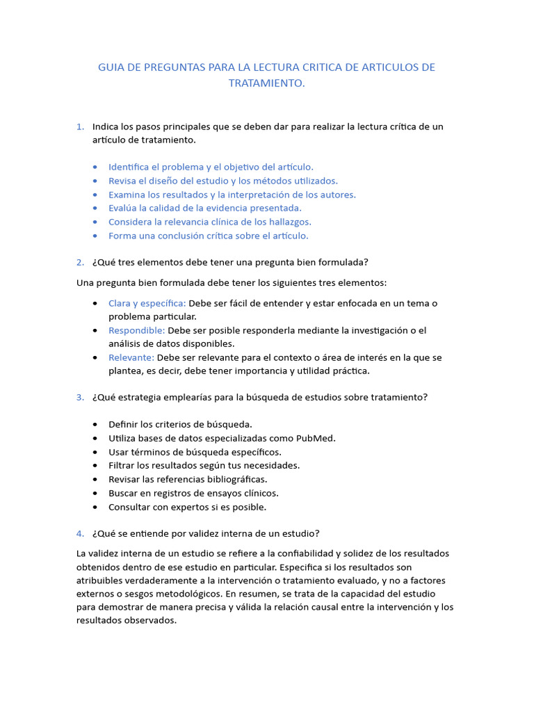 GUIA DE PREGUNTAS PARA LA LECTURA CRITICA DE ARTICULOS DE TRATAMIENTO | PDF | Intervalo de ...