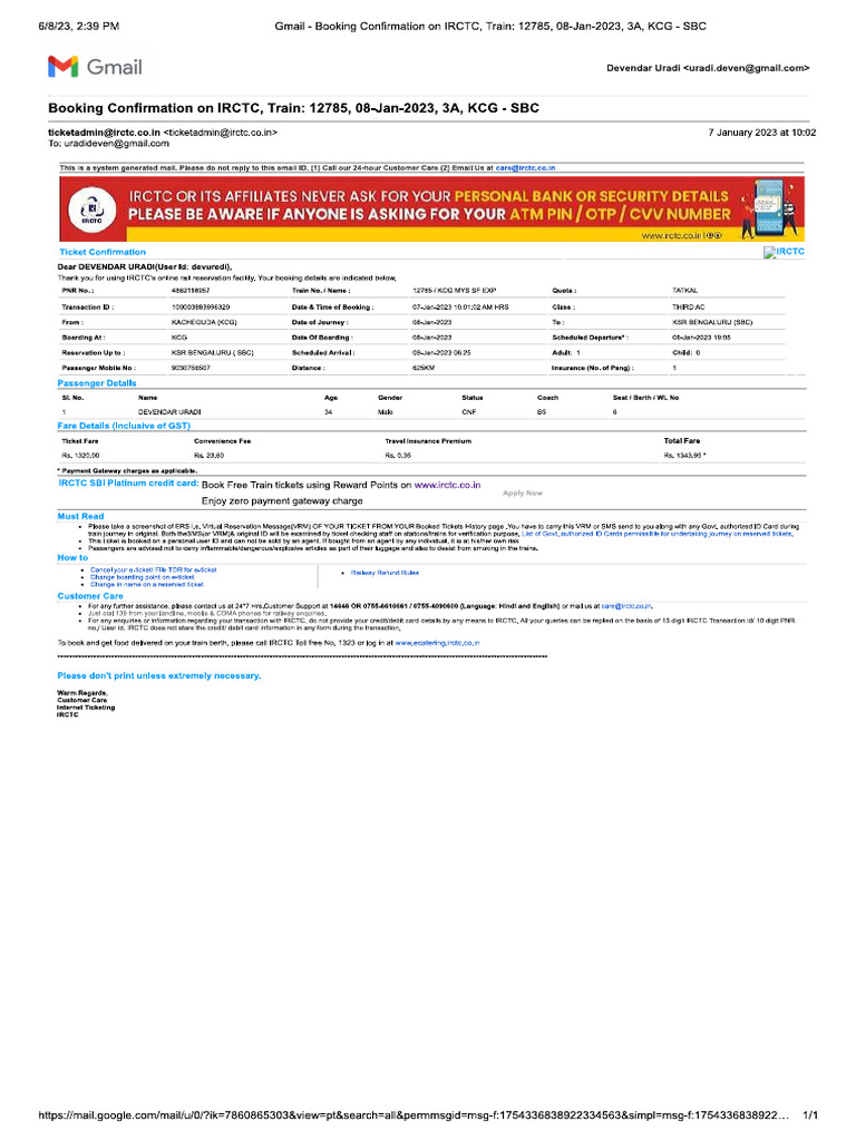Train Ticket - HYD To Banglore - 08 JAN 2023 | PDF