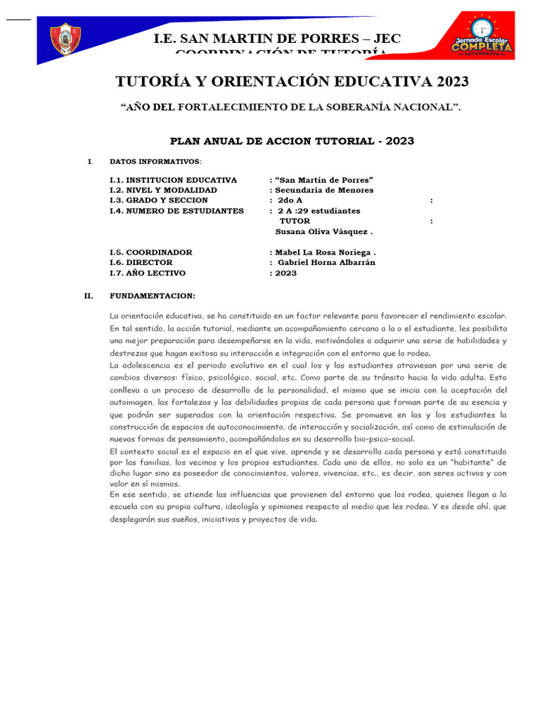 Plan de Tutoria | PDF | Salón de clases | Autoestima