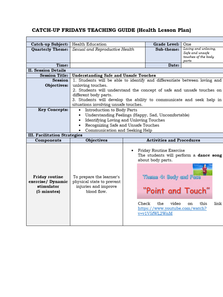 CATCH UP FRIDAY TEACHERS GUIDE Health Education Grade 1 Loving and Unloving Touch | Download ...