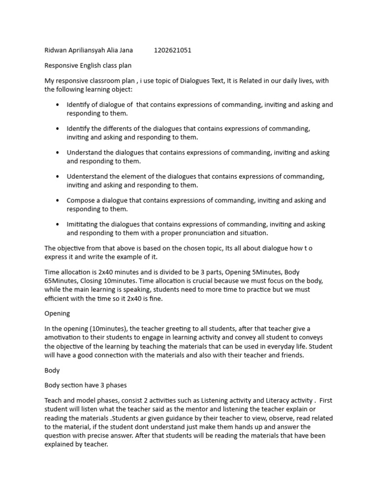 Responsive English Class Plan on Dialogues | PDF | Learning | Teachers