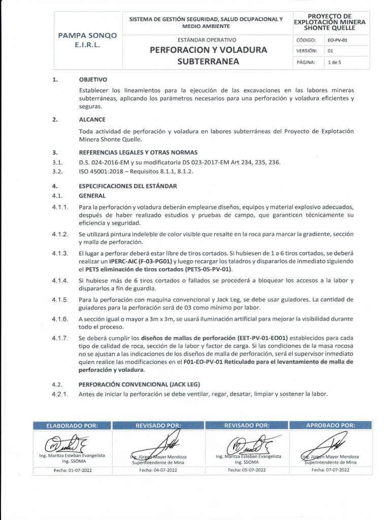 EO-PV-01 PERFORACION Y VOLDURA SUBTERRANEA | PDF