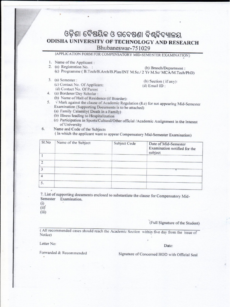 Compensatory Mid Sem Form | PDF