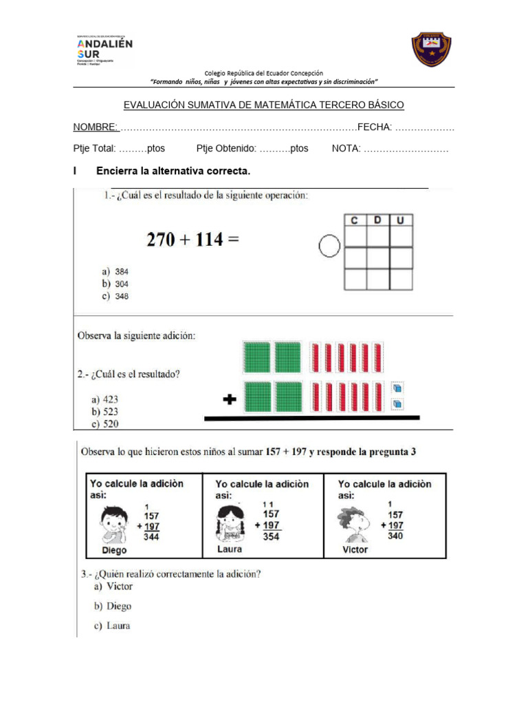EVALUACIÓN SUMATIVA DE MATEMÁTICA TERCERO BÁSICO | PDF
