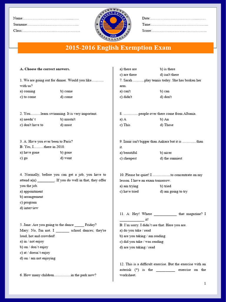 2015 2016 English Exemption Exam B 1 | PDF | Water | Money