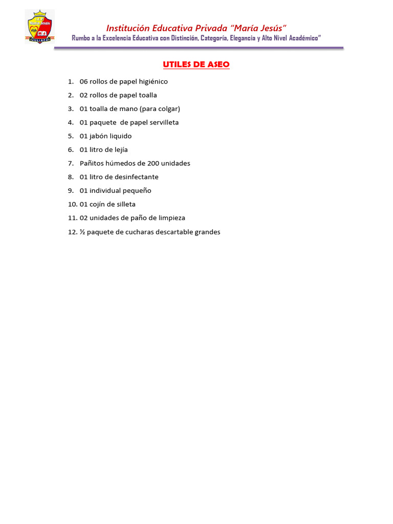 Lista de Útiles de Aseo Escolar | PDF