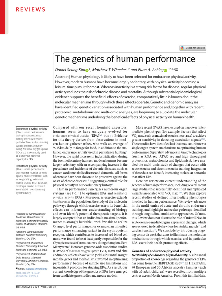 The Genetics of Human Performance: Daniel Seung Kim, Matthew T. Wheeler and Euan A. Ashley | PDF ...
