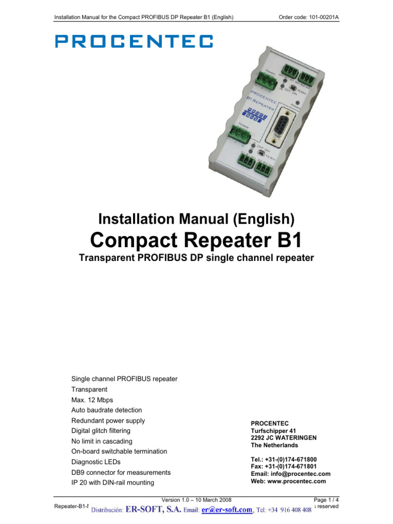 Procentec Profibus Repeater B1 Compact IP20 - 101 00201A | PDF | Electrical Connector | Power Supply