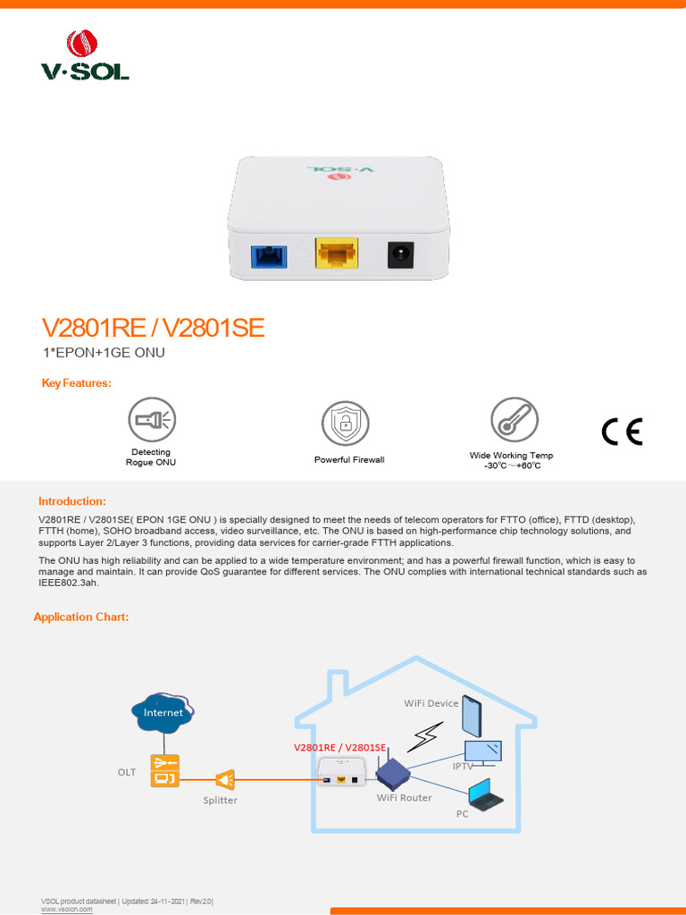 EPON 1GE ONU V2801RE/SE Datasheet | PDF | Fiber To The X | Wi Fi