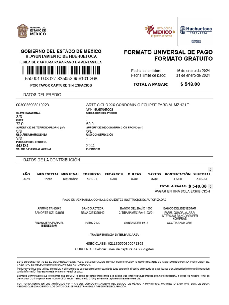 Formato Universal de Pago Predial 2024 - 111922 | Descargar gratis PDF ...