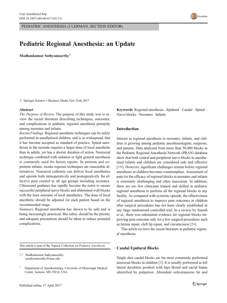 Pediatric Regional Anesthesia | PDF | Anesthesia | Clinical Medicine