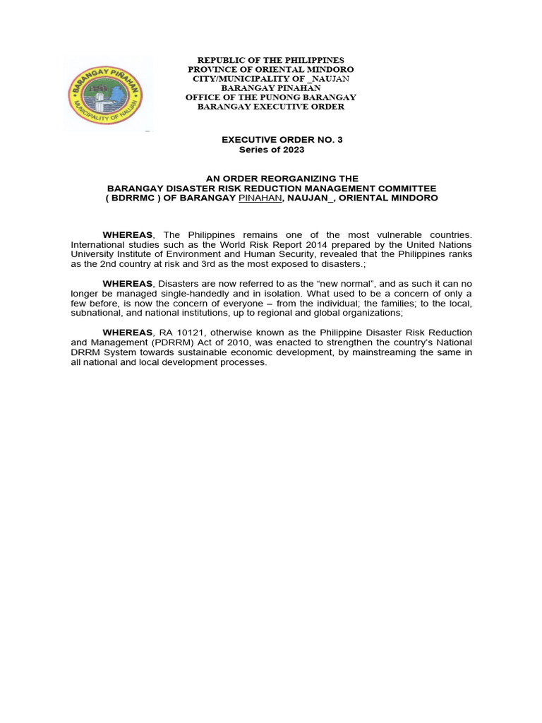 BDRRMC SAMPLE EO Template | PDF | Emergency | Disaster Risk Reduction