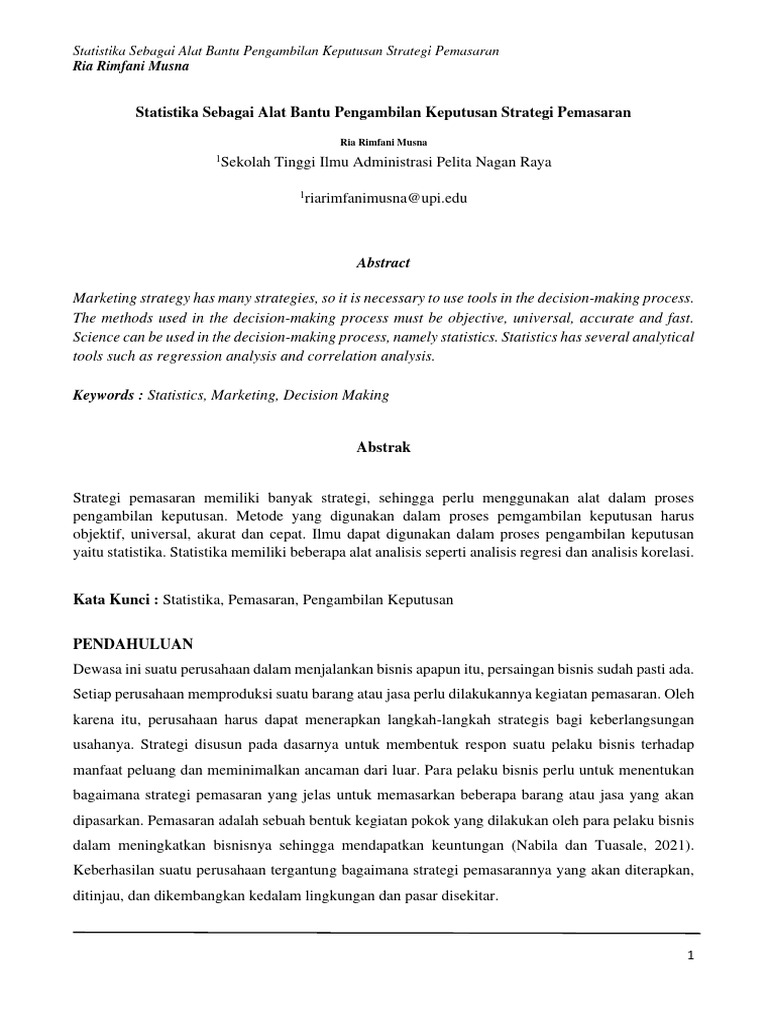Statistika Sebagai Alat Bantu Pengambilan Keputusan Strategi Pemasaran (Ria Rimfani Musna) | PDF