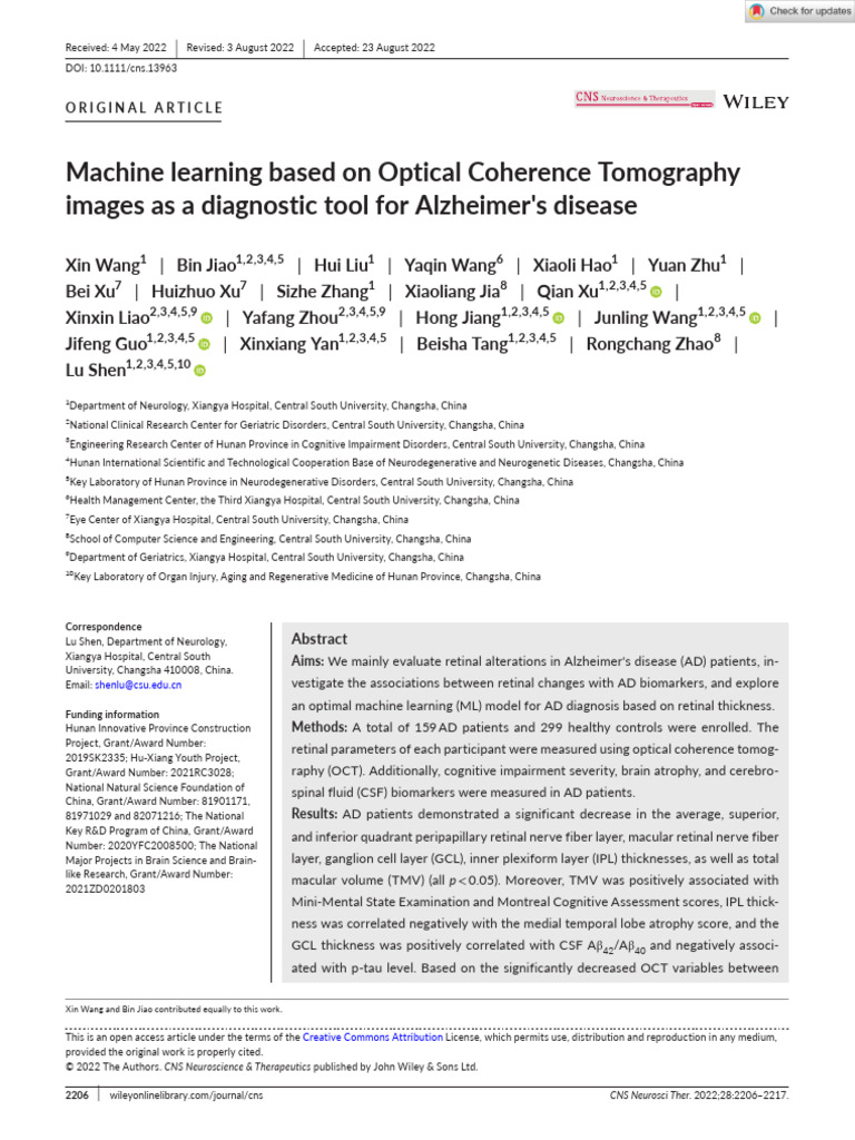 CNS Neuroscience Therapeutics - 2022 - Wang - Machine Learning Based On Optical Coherence ...
