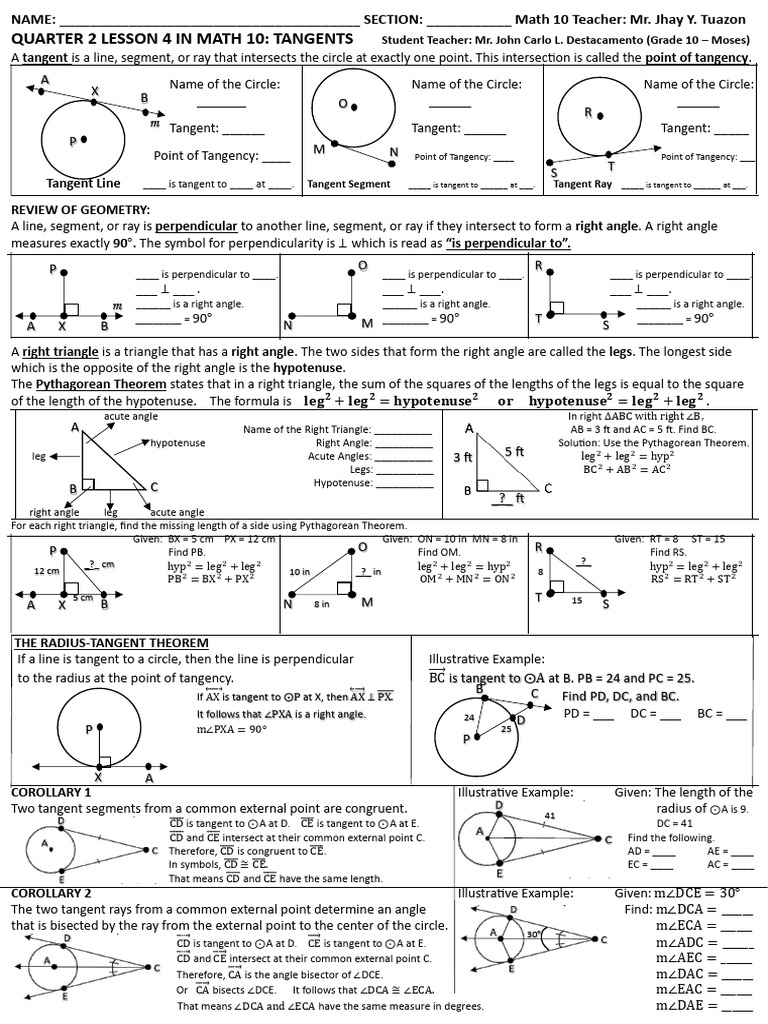 Quarter 2 Lesson 4 in Math 10 TANGENTS | PDF | Perpendicular | Triangle