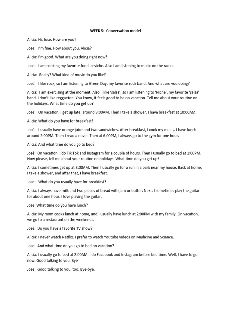 Week 5 Conversation Model | PDF | Cuisine | Eating Behaviors Of Humans