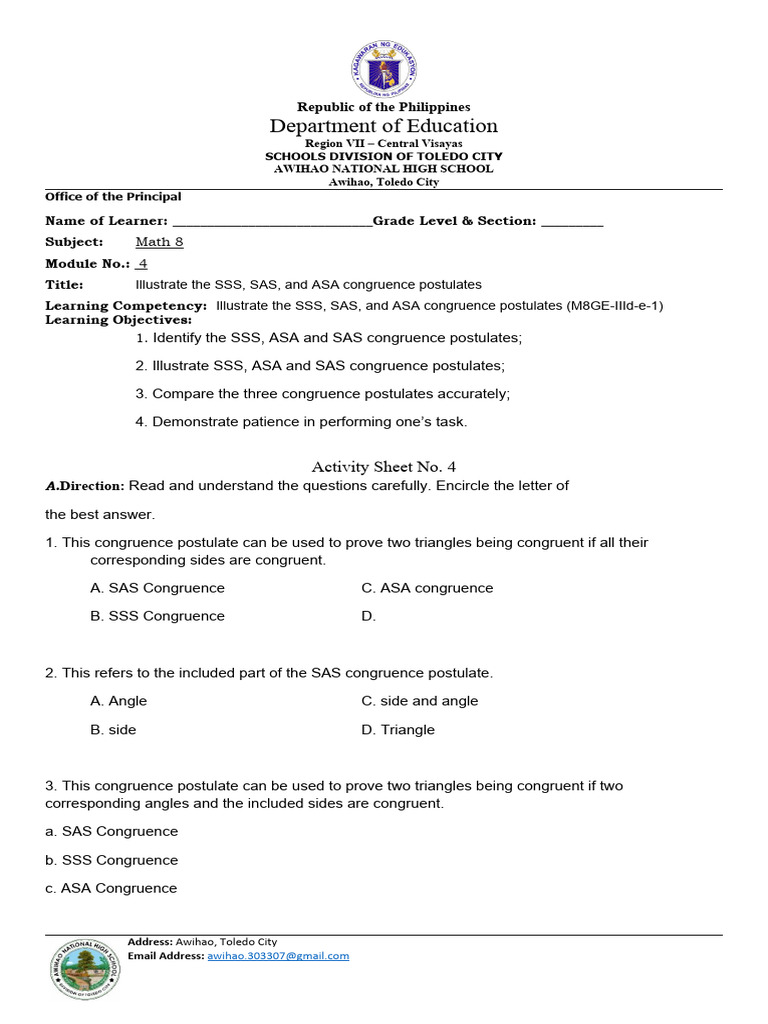 Math 8 Activity Sheet 4 Q3 Download Free Pdf Classical Geometry Elementary Mathematics