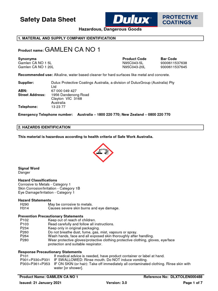 Gamlen CA No 1 Safety Data Sheet | PDF | Dangerous Goods | Toxicity
