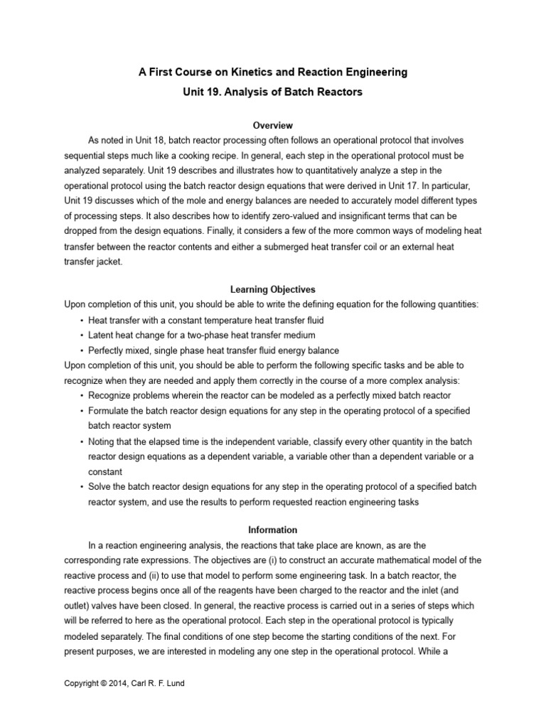 A First Course On Kinetics and Reaction Engineering Unit 19. Analysis of Batch Reactors ...