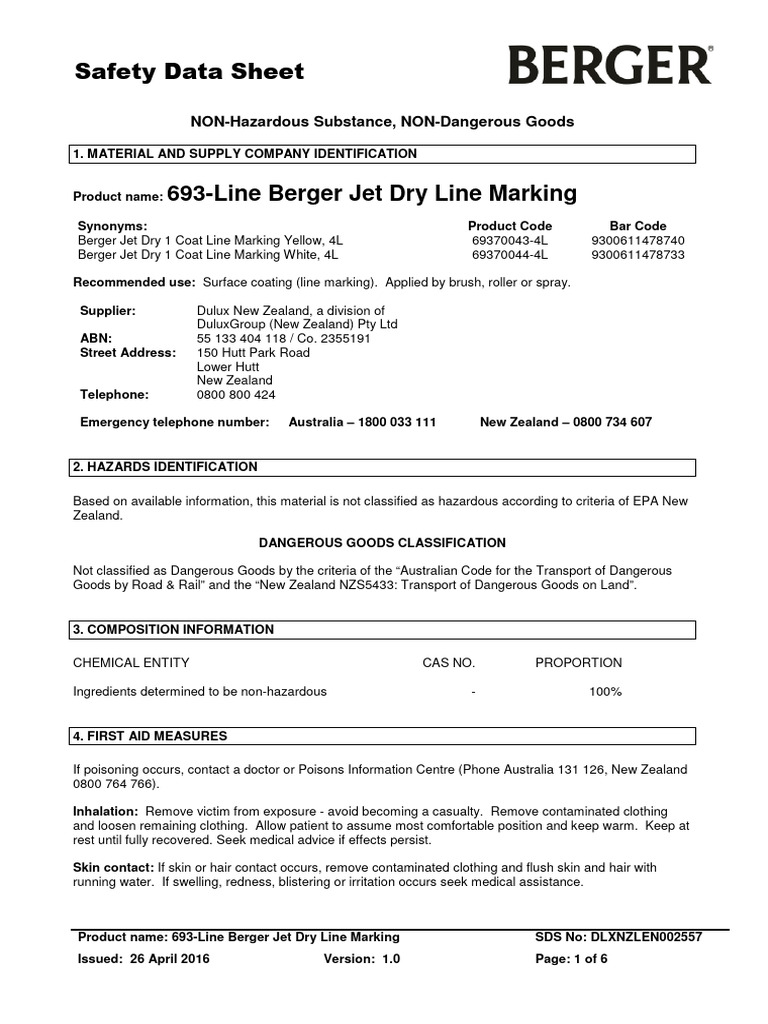 Non-Hazardous Line Marking SDS | PDF | Dangerous Goods | Personal ...
