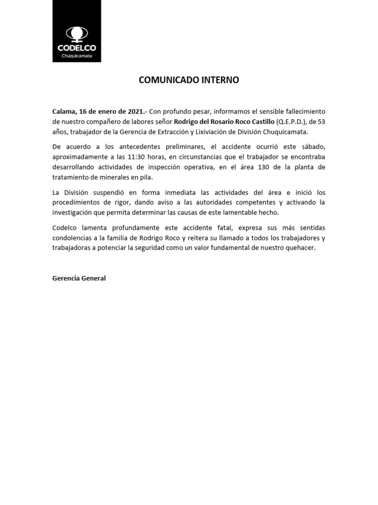 (Comunicado Interno) Sensible Fallecimiento Sr. Rodrigo Roco Castillo | PDF