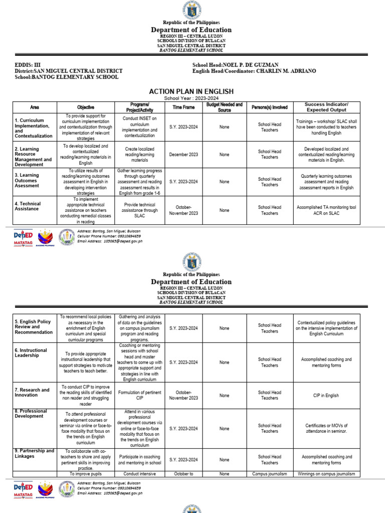 BANTOG - ES - English Action Plan SY 2023 2024 | Download Free PDF ...
