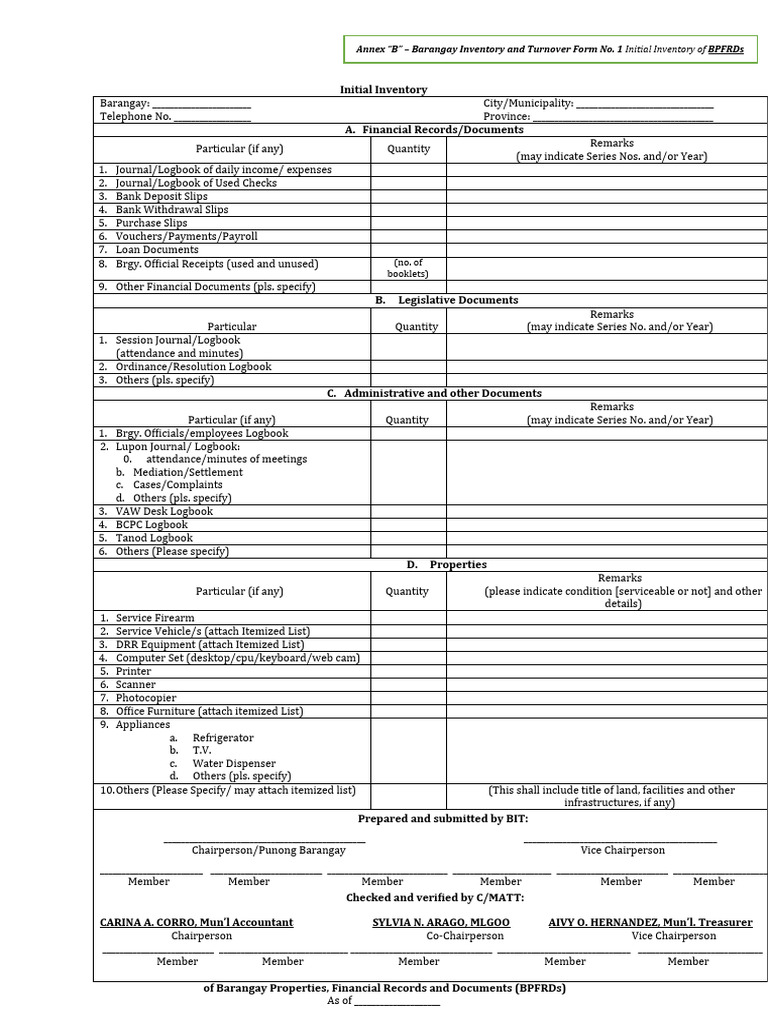 INVENTORY Initial Turnover of BPFRD and Money - October 30 2023 RA No. 11935 1 | PDF | Revenue ...