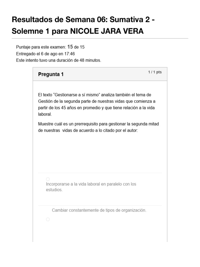Historial de Exámenes para NICOLE JARA VERA - Semana 06 - Sumativa 2 - Solemne 1 | PDF | Business