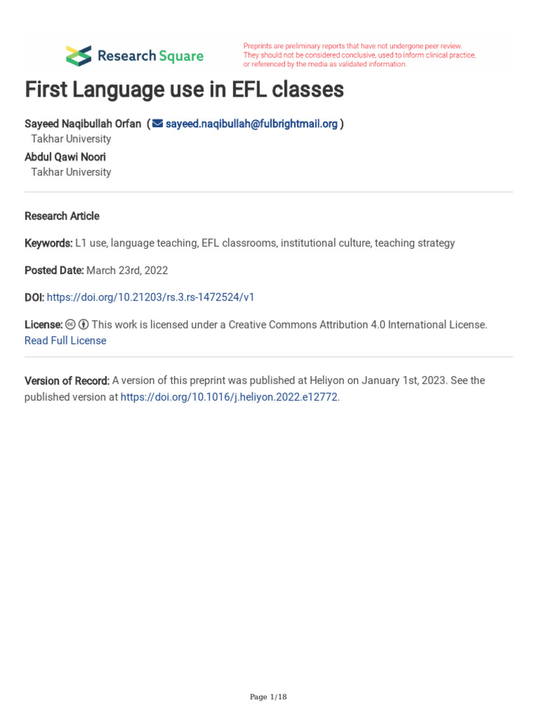 First Language Use in EFL Classes | PDF | English As A Second Or ...