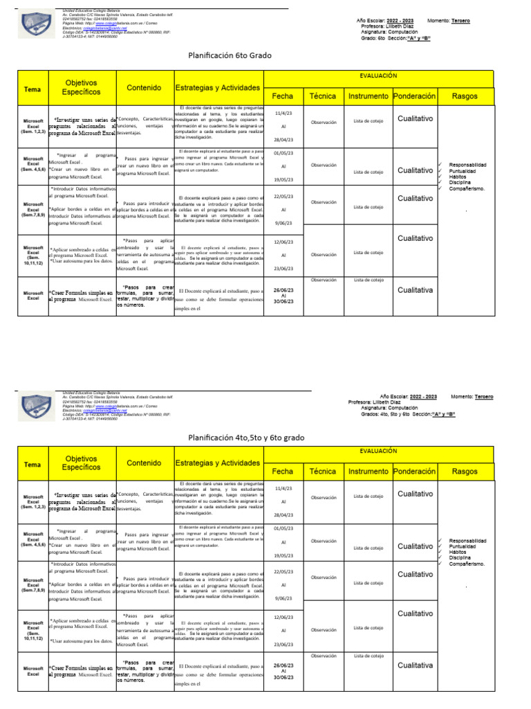Planificaciones de 6to Grado Lapso III 2022-2023 | PDF | Microsoft Excel | Software de la aplicacion